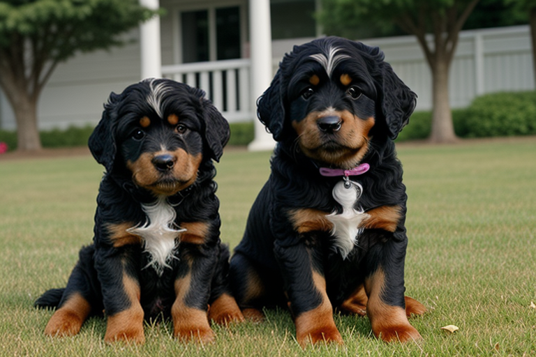 Two Adorable Rottweiler Puppies Sitting Together in a Beautiful Green Yard.