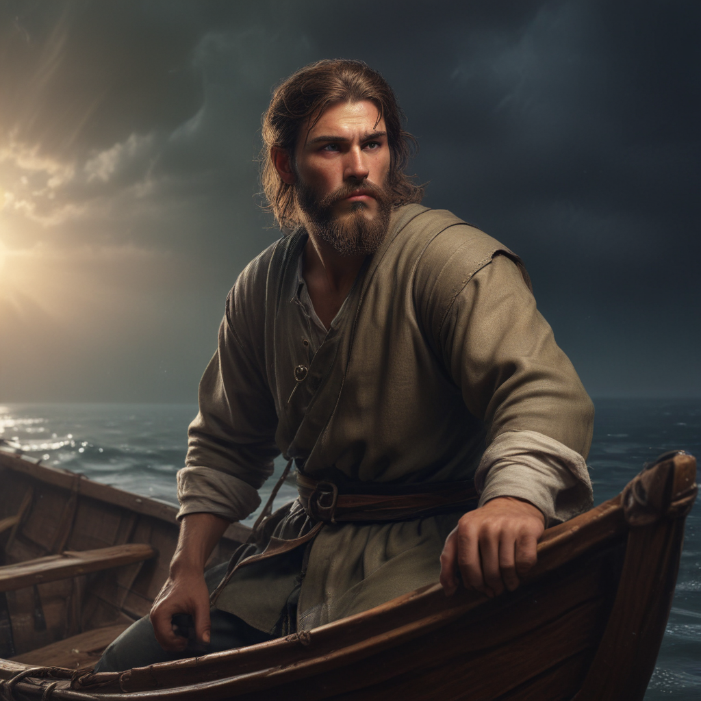 man, medieval fisherman, with brown hair and beard, in a boat, fantasy ...