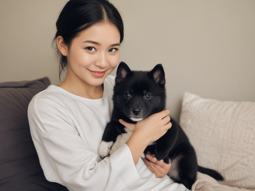 Black shiba inu with human baby