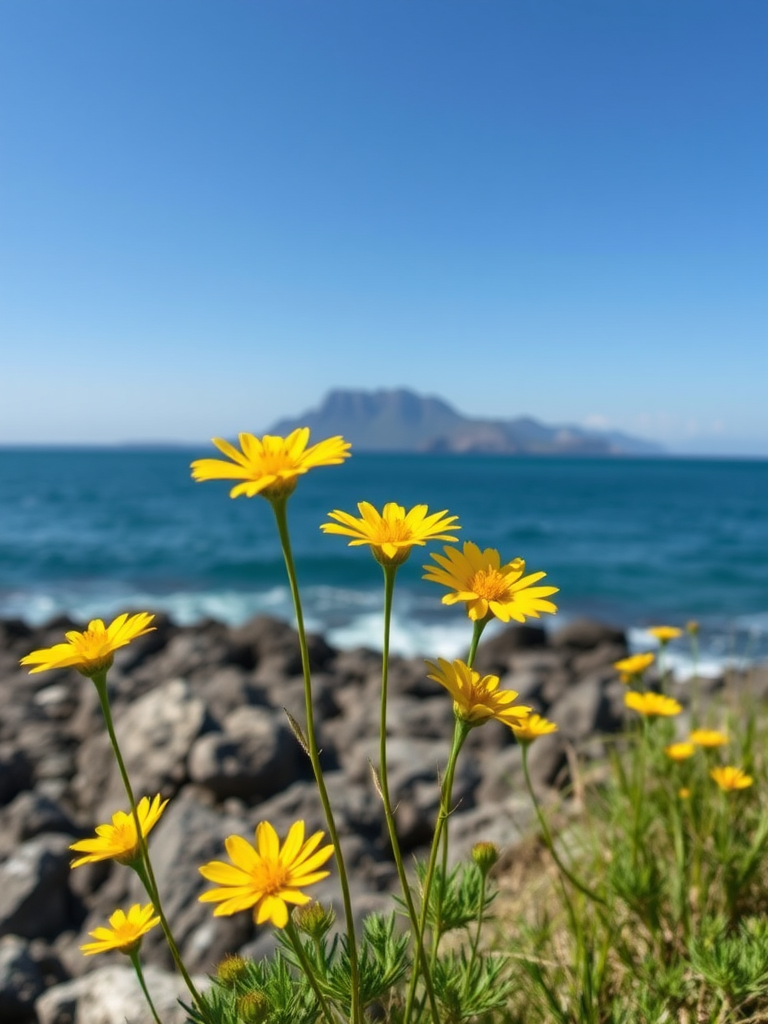 Vibrant Yellow Daisies Blooming by the Serene Coastal Landscape