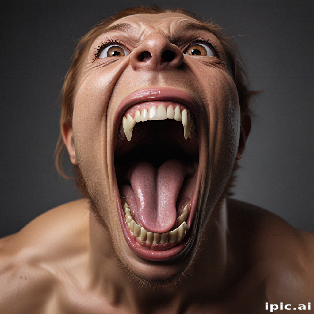 Intense Facial Expression of a Person Emitting a Fearsome Roar