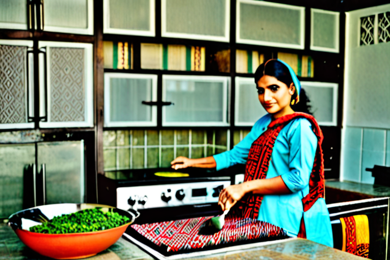 Pakistan women with ajrak working in kitchen