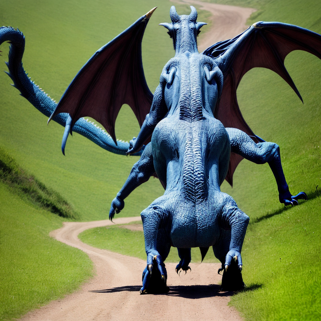 the rear end of a dragon walking down a path, with its tail up above ...