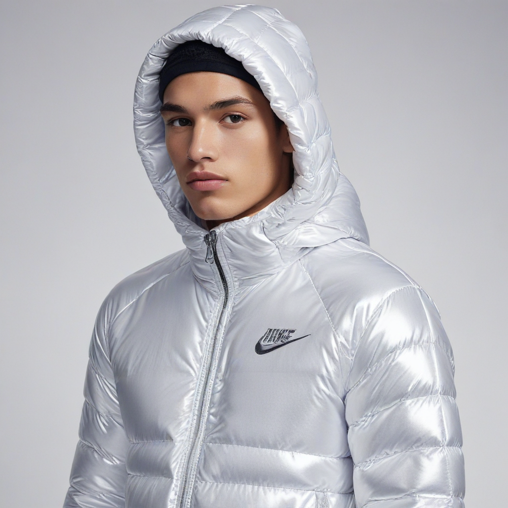 Male supermodel nike shiny puffer jacket bling jewellery hood headband