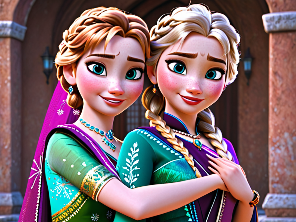 Elsa and Anna together hugs saree indian smile frozen disney smile look ...