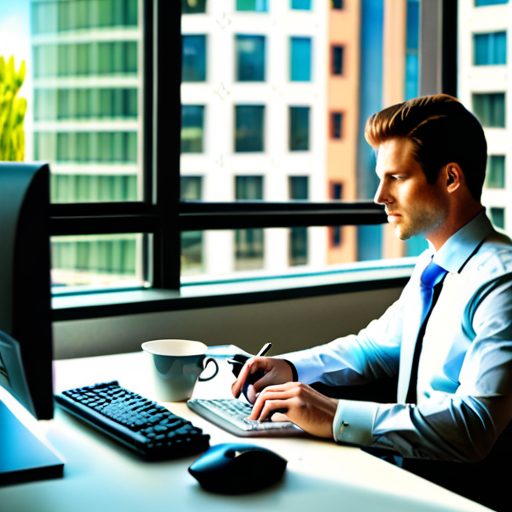 office setting, sunny outside, birds chirping, man in suite working on ...