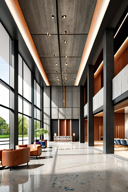 Interior renders of a lobby of an arts performance center with concrete ...