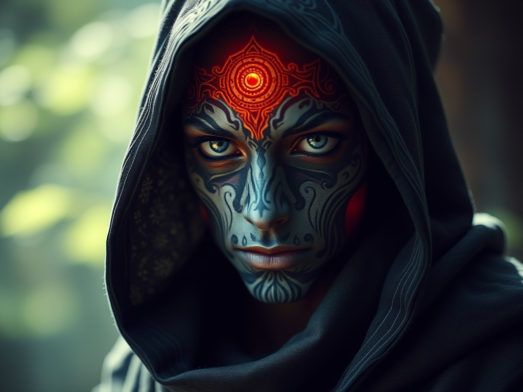 Enigmatic Figure with Intricate Face Paint and Mysterious Hooded Cloak