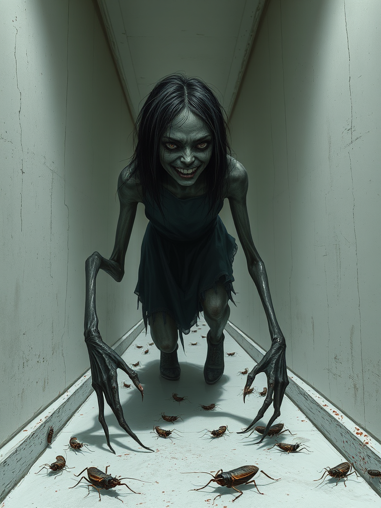 Terrifying Scene of a Haunting Figure Crawling Through a Darkened Hallway