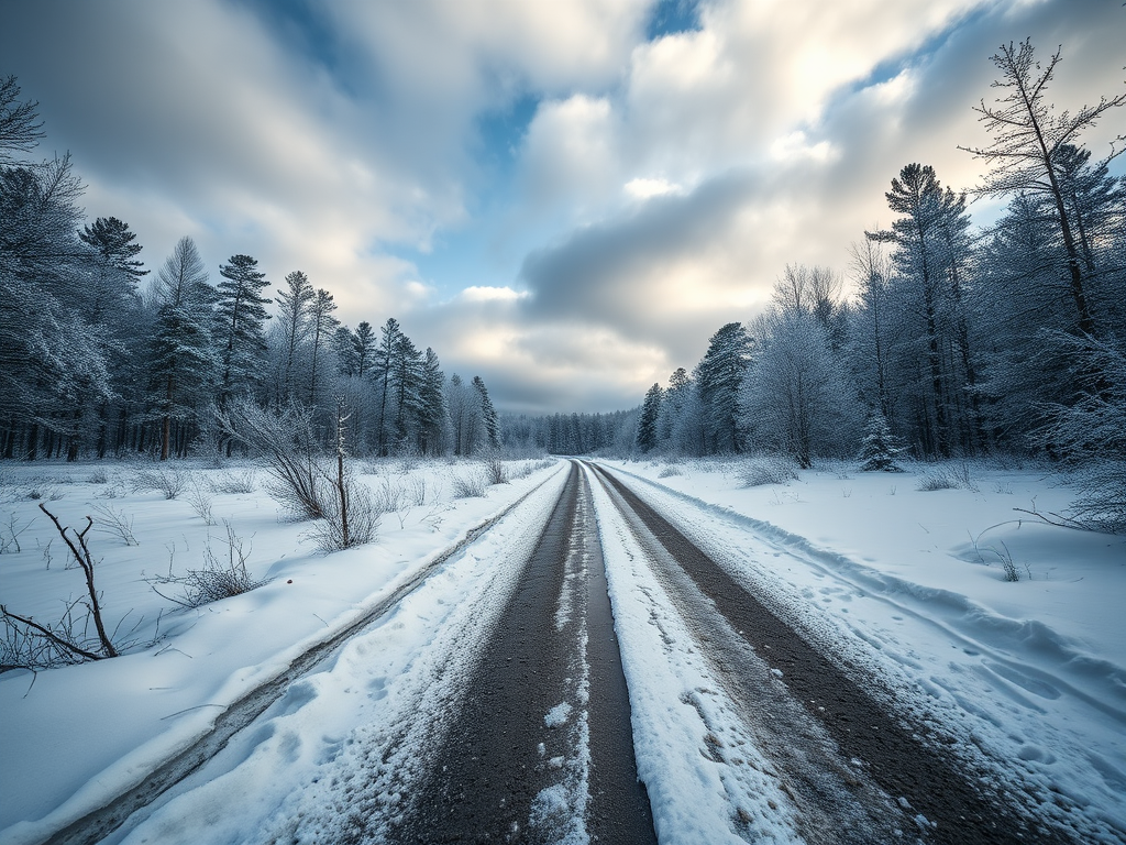 A Snow-Covered Road Through a Winter Wonderland of Trees and Clouds.