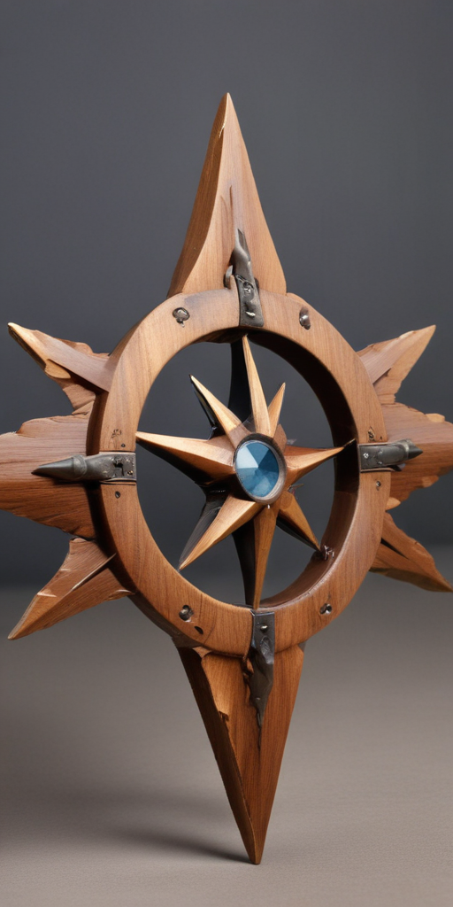 Intricately Crafted Wooden Compass Rose with a Stunning Blue Gem Center