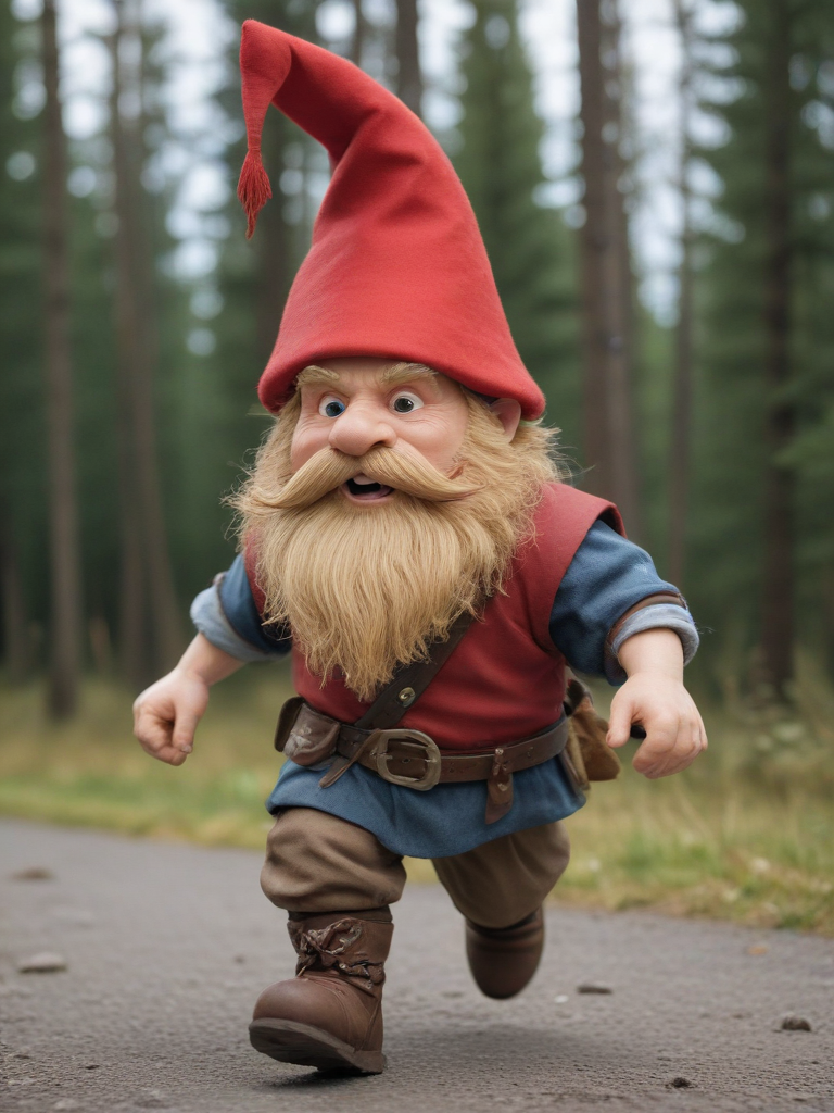 A dwarf with a big red pointy hat is running and his hat is wobbling ...