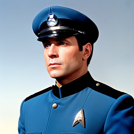 Male human Star trek officer with phaser rifle blue uniform