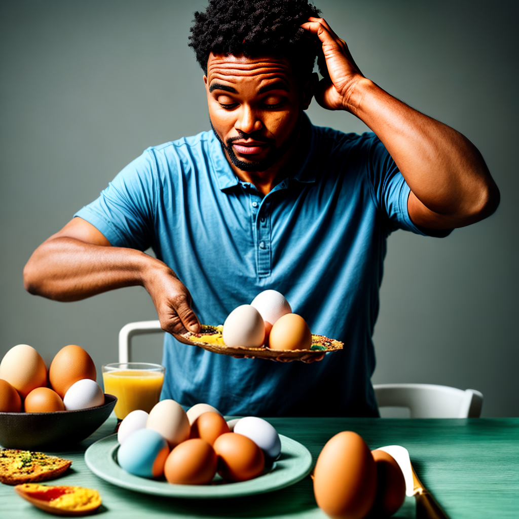 man is trying to focus on the eggs
