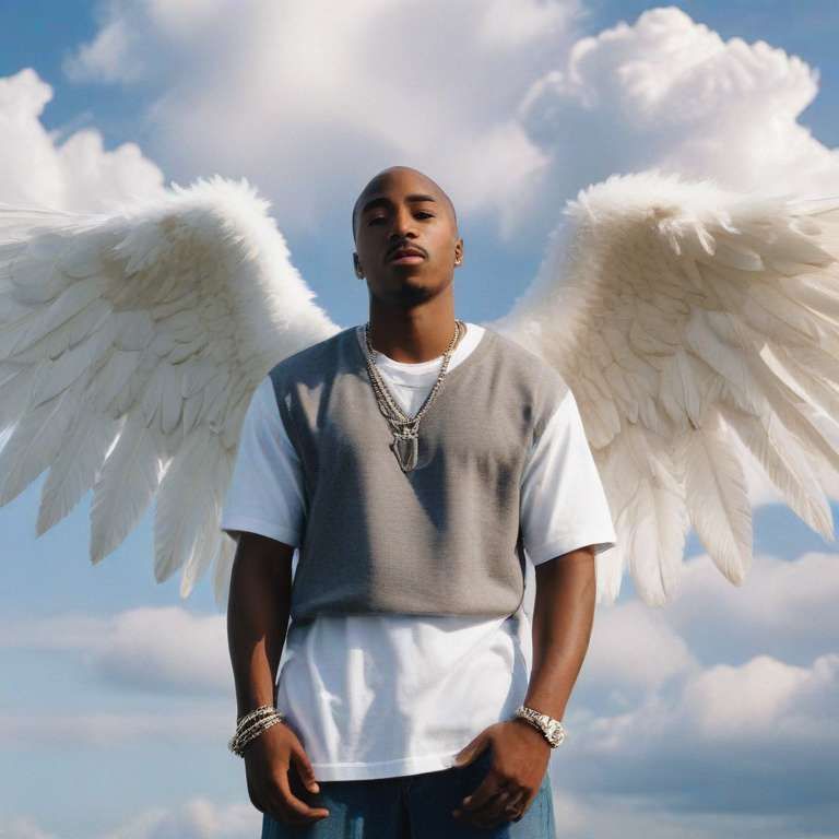 Tupac Shakur standing in heaven with angel wings