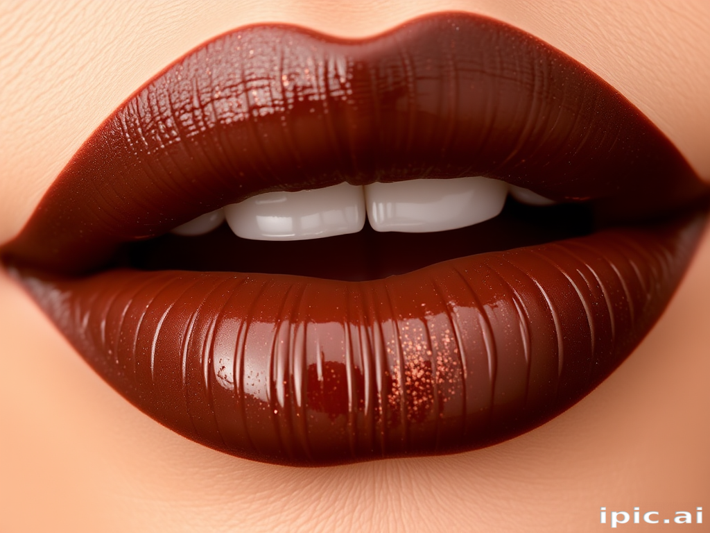 Close-Up of Glossy Brown Lips with Sparkling Finish and Flawless Shine