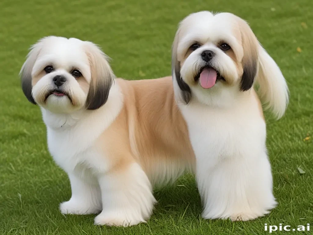 Two Adorable Lhasa Apso Dogs Standing Together on a Green Lawn.