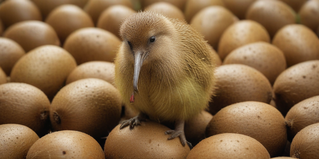 a kiwi bird sat on a huge pile of squashed kiwis