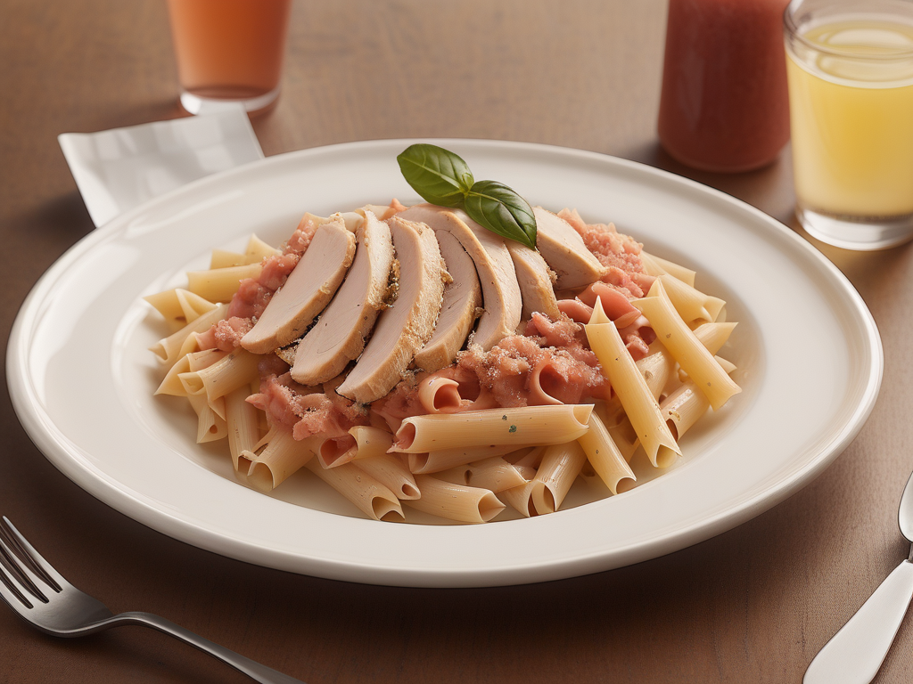 Delicious Plate of Pasta with Grilled Chicken and Fresh Basil Garnish.