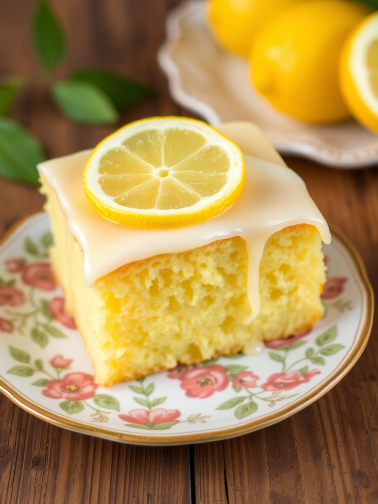 Deliciously Moist Lemon Cake Slice with Fresh Lemon Slices on Top