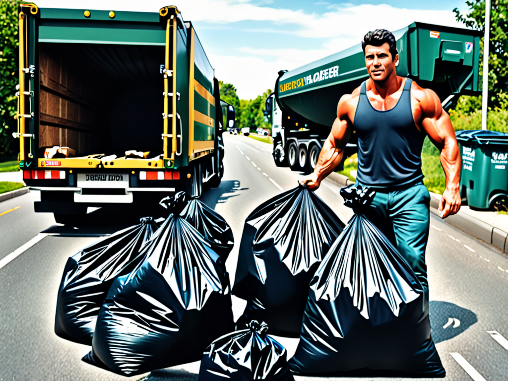 2 realistic handsome muscular garbagemen from behind throwing black ...