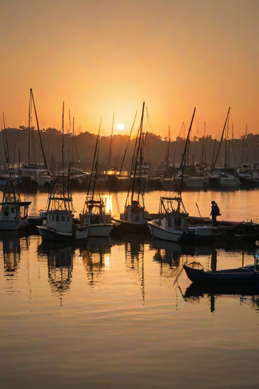 Tranquil Sunrise Over a Harbor Filled with Boats and Reflections