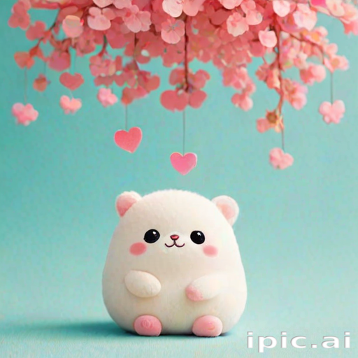 Adorable White Bear Surrounded by Pink Hearts and Blossoming Flowers