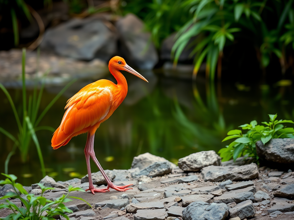 A vibrant orange ibis standing on a rocky surface surrounded by ...