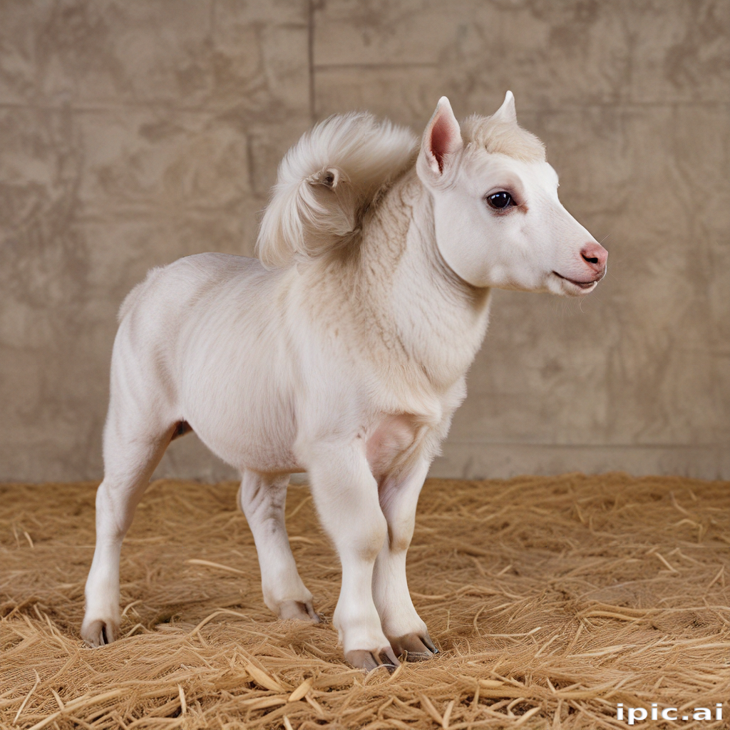 A Charming White Miniature Pony Standing Gracefully on Soft Hay.