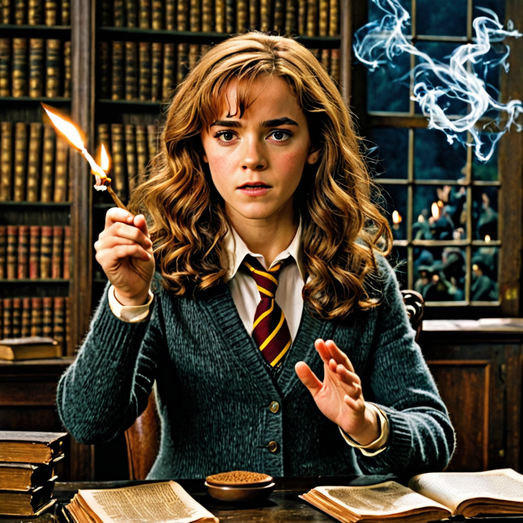 Hermione Granger casting spells at Ron Weasly