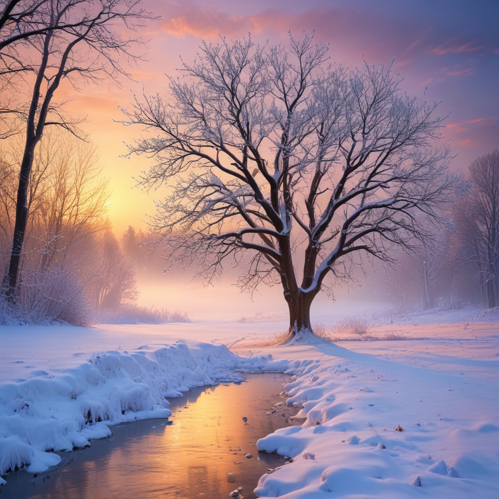 Serene Winter Landscape Featuring a Lone Tree and Tranquil Stream at Sunset