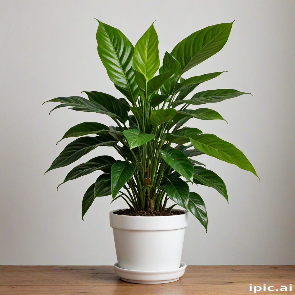Vibrant Green Peace Lily Plant in a White Pot on Wooden Table