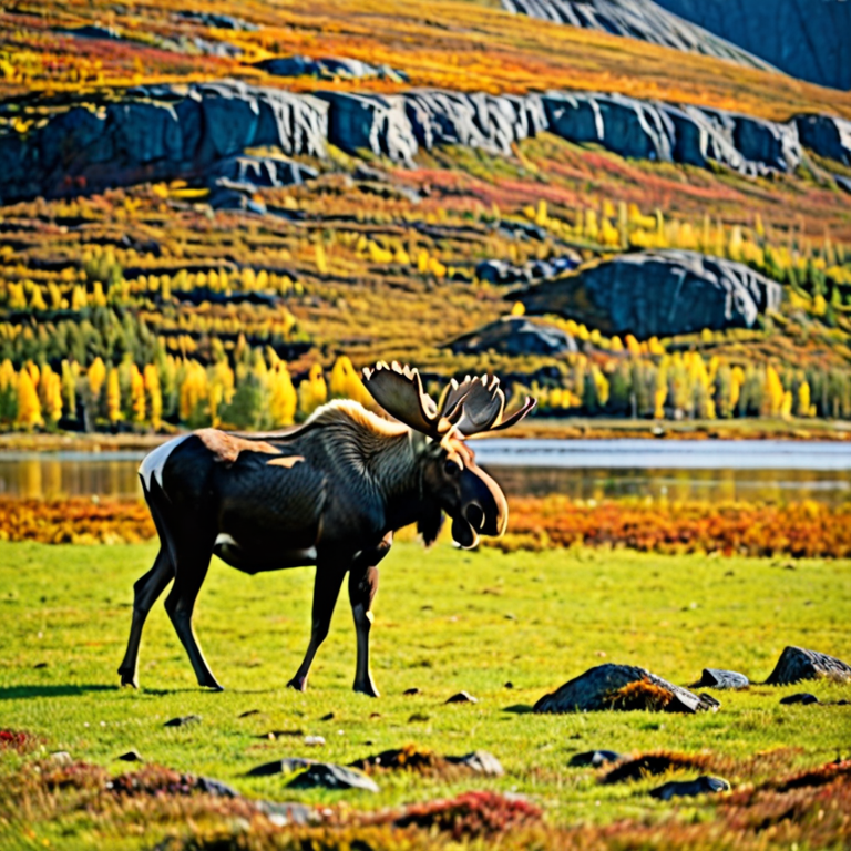 moose on a field near the fjord with the background of a mountain in ...