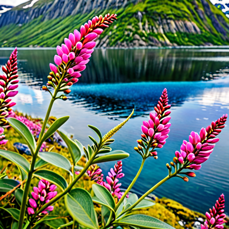 exotic flower at the shoreline i fjord photo in arctic Norway