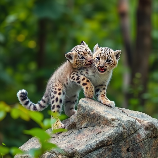 two snow leopard cubs playing on a rocky outcrop in a lush green forest, natural light, aperture ...