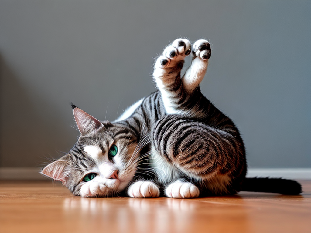 Cat sitting on floor, front paws on head