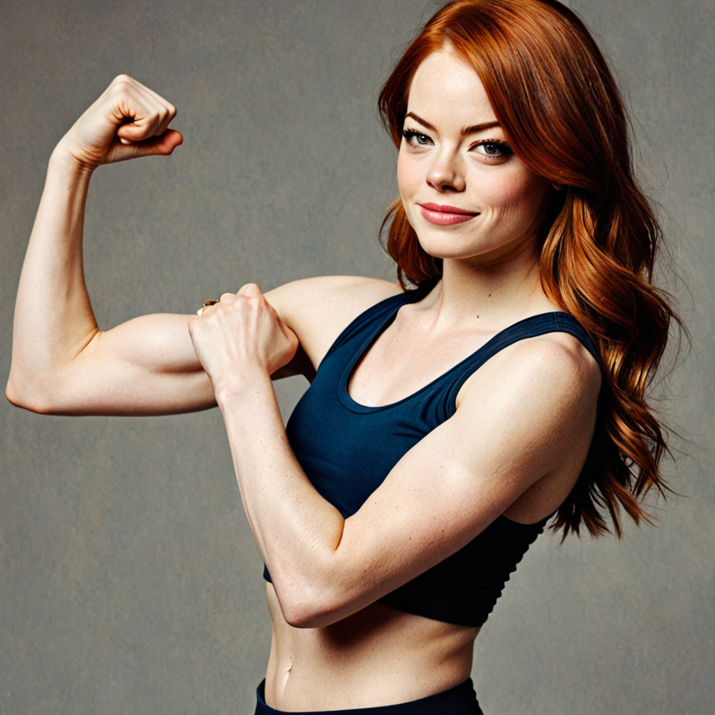 Youthful Emma Stone, flexing, huge biceps