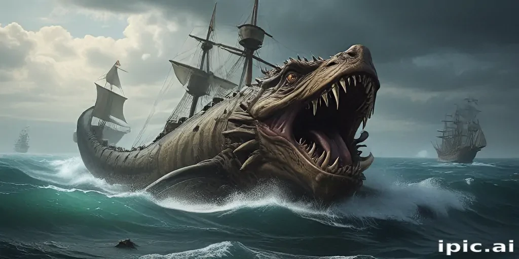 Epic Battle at Sea: A Ship Confronts a Giant Sea Monster