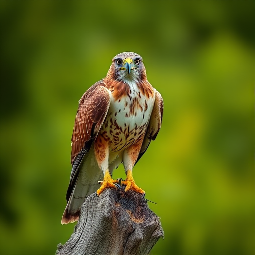 A Majestic Hawk Perched Gracefully on a Weathered Tree Stump.