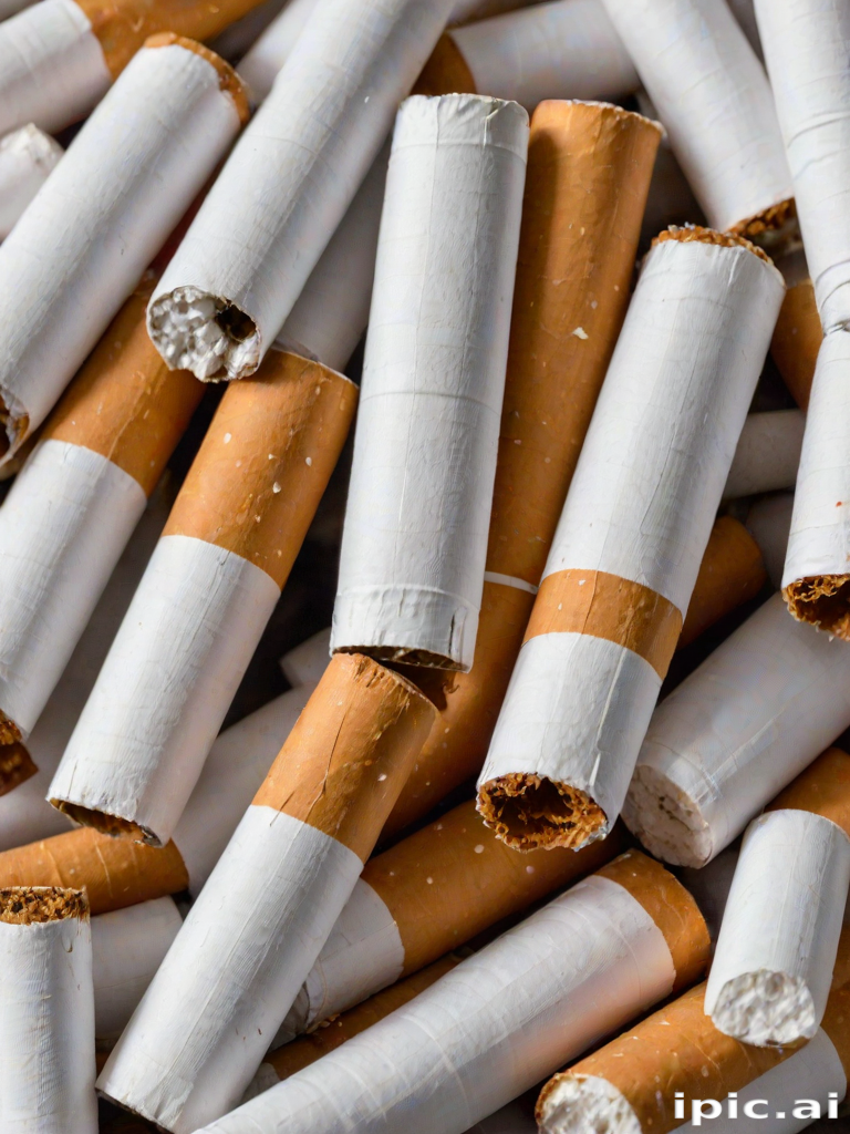 Close-Up View of Discarded Cigarettes Piled Together on a Surface