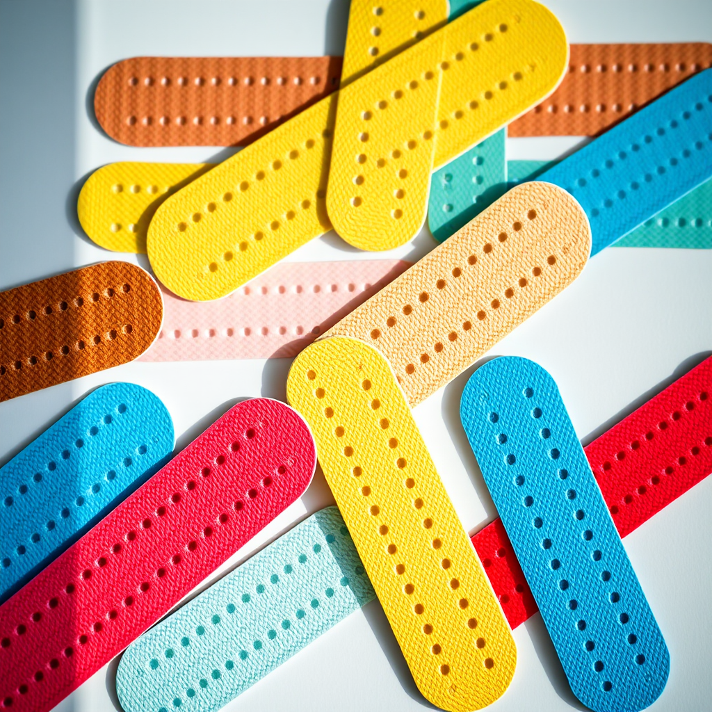 Create an image of a row of colorful adhesive bandages in varying ...