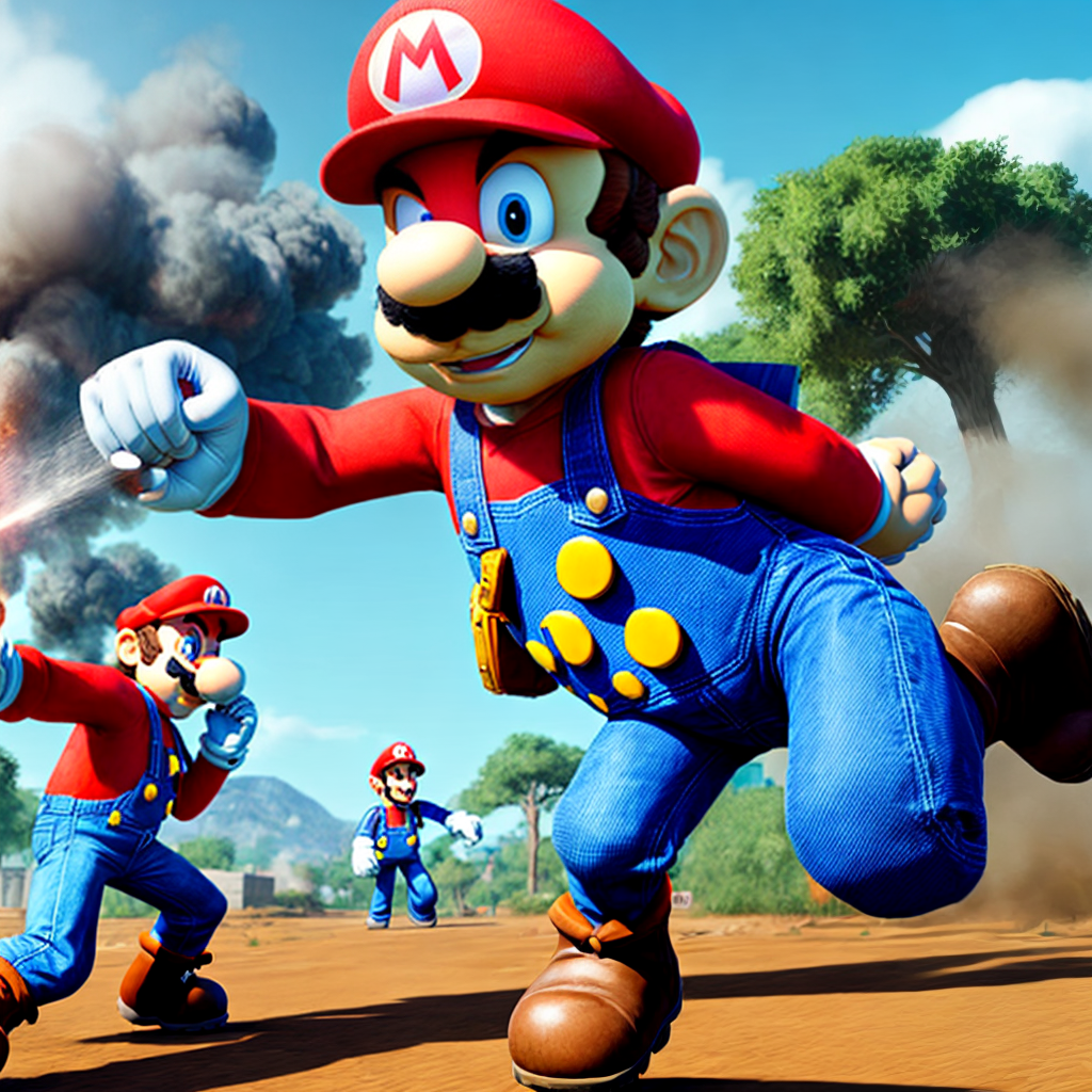 mario takes a selfie while his friends have a fire fight in the background
