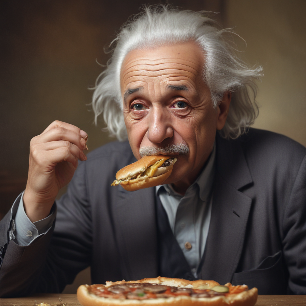 Albert Einstein eating hamburger