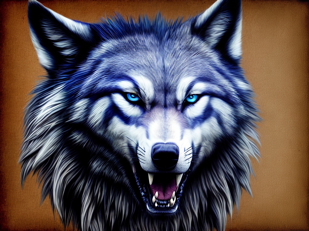 Tribal wolf face blue eyes mouth shut one head with wood back ground