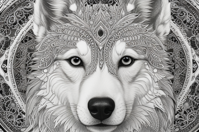 Husky, drawing in intricate filigree mandala style, clean line art ...