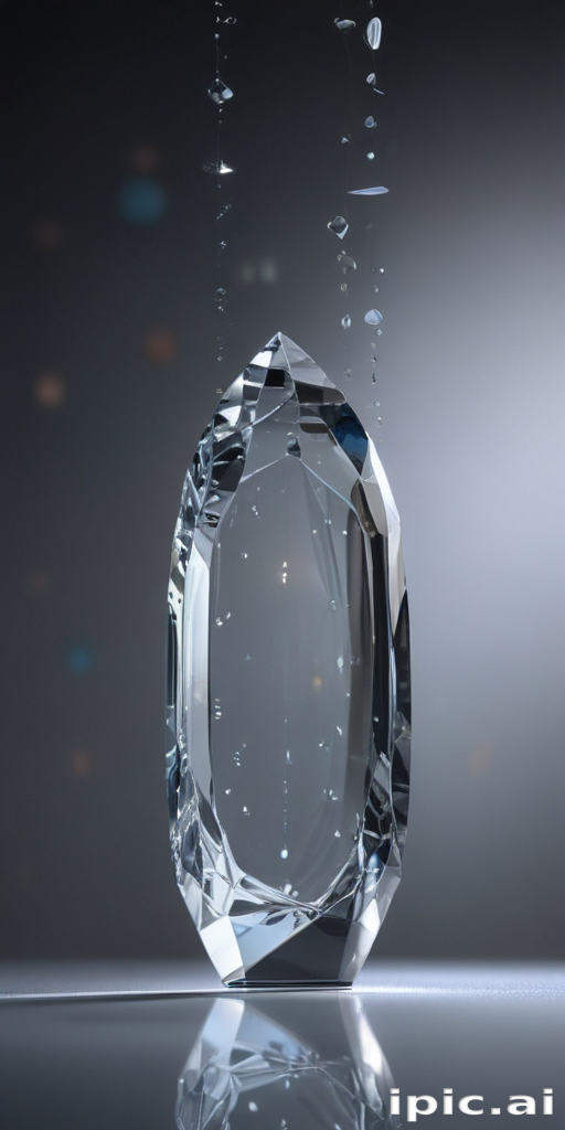 A Stunning Crystal Sculpture Reflecting Light and Water Droplets Elegantly.