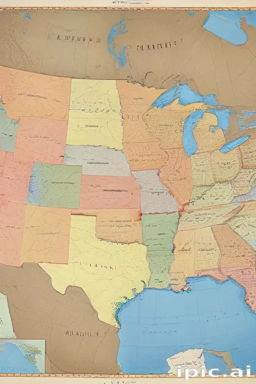 Colorful Historical Map of the Central United States with Detailed Regions