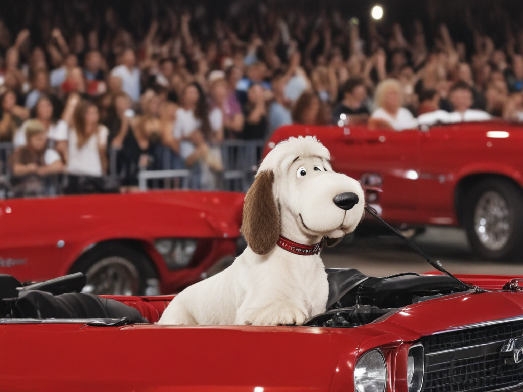 Snoopy in a red Ford Mustang convertible watching Robert Plant sing at ...