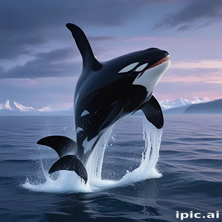 Majestic Orca Breaching the Ocean Surface Against a Stunning Backdrop