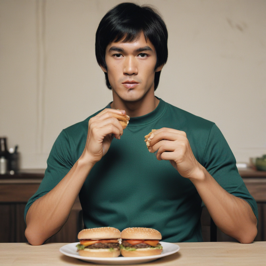 Bruce Lee eating hamburger color Chuck Norris standing on background